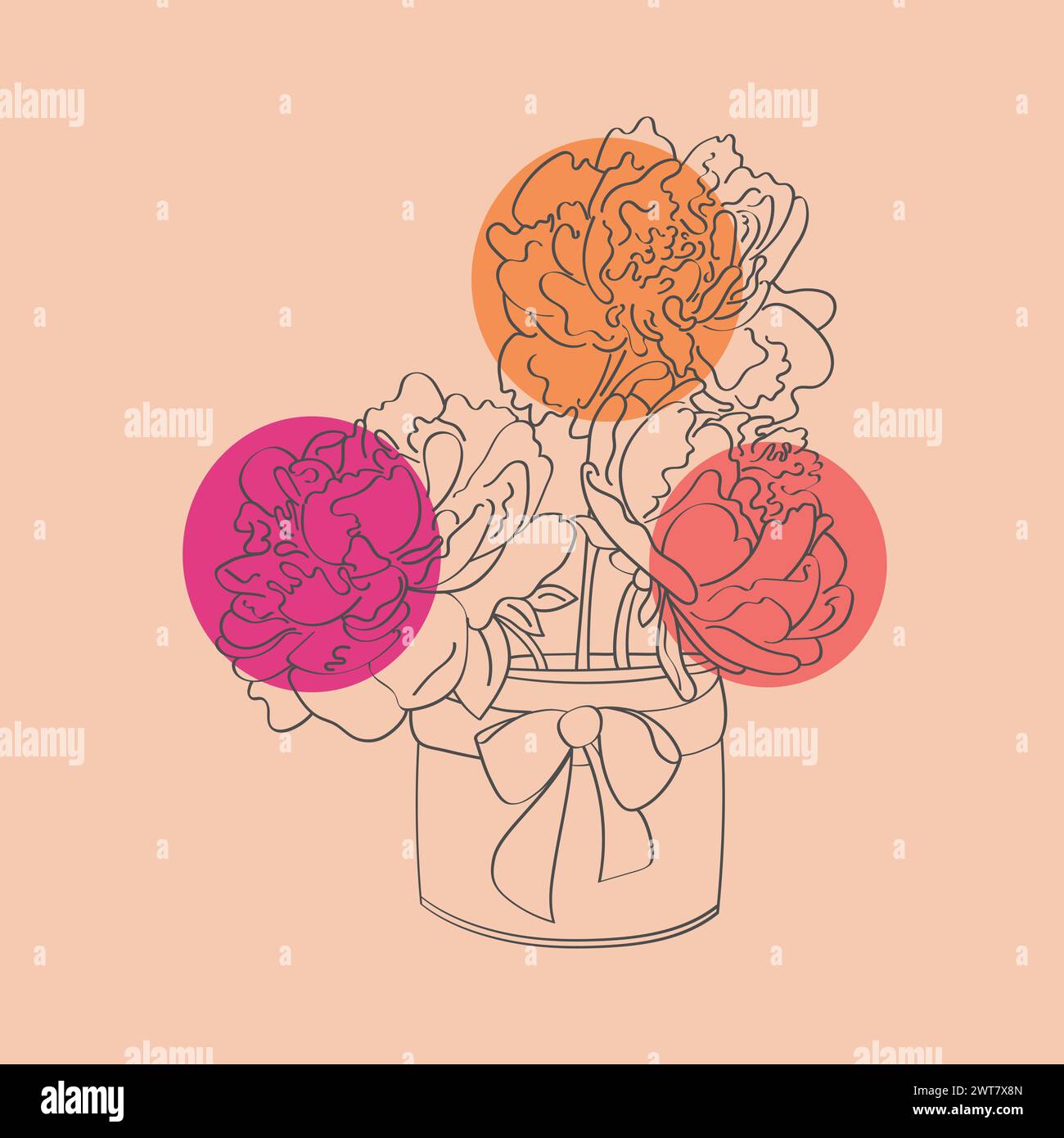 A drawing of peonies in a vase set against a pink background. The ...