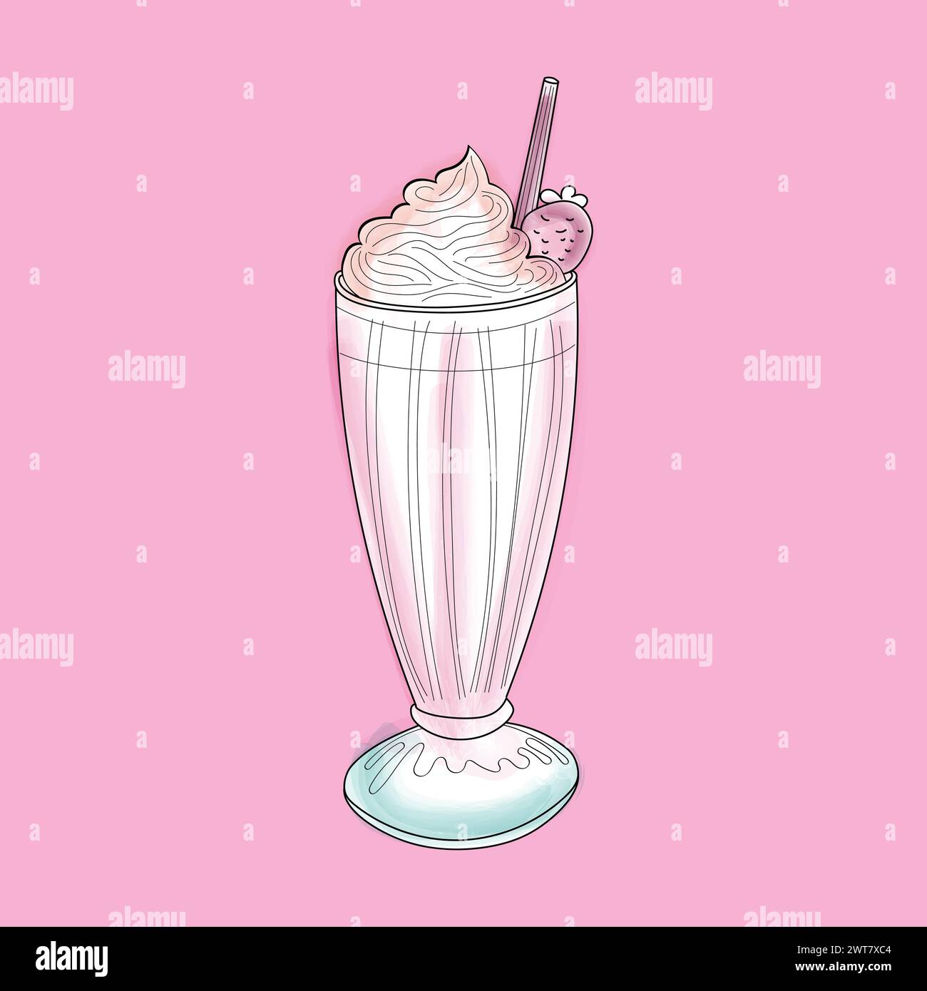 A doodle-style handpainted watercolor illustration of a milkshake placed against a soft pink ...
