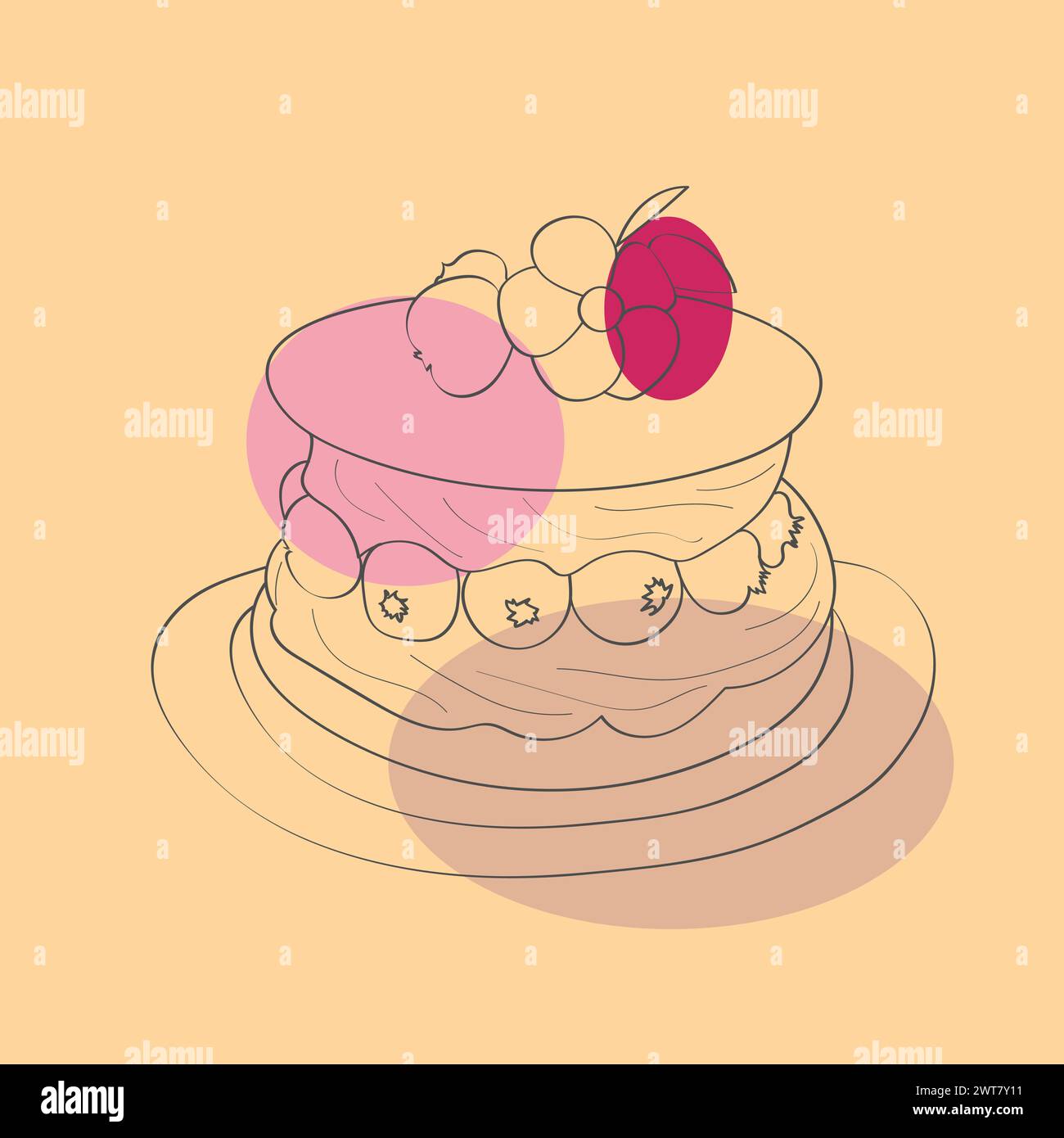 A hand-drawn illustration of a cake with icing swirls and a bright red ...