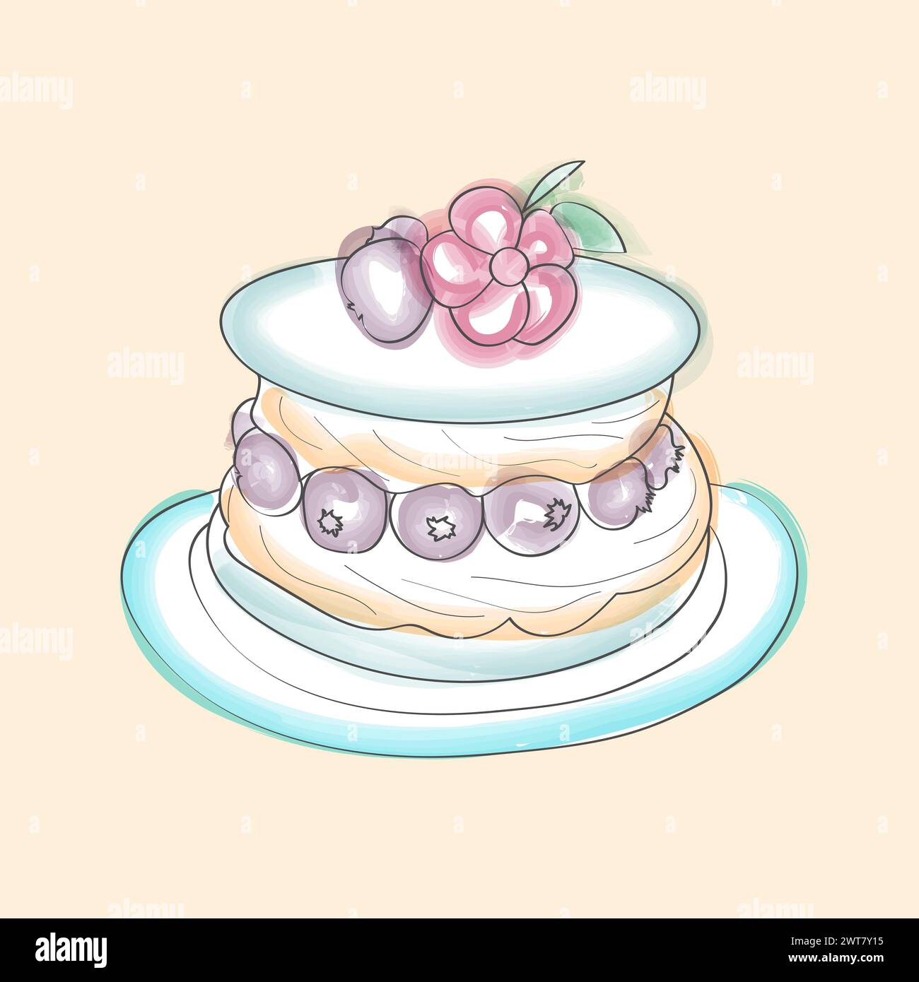 A hand-painted watercolor drawing of a three-layer cake topped with ...