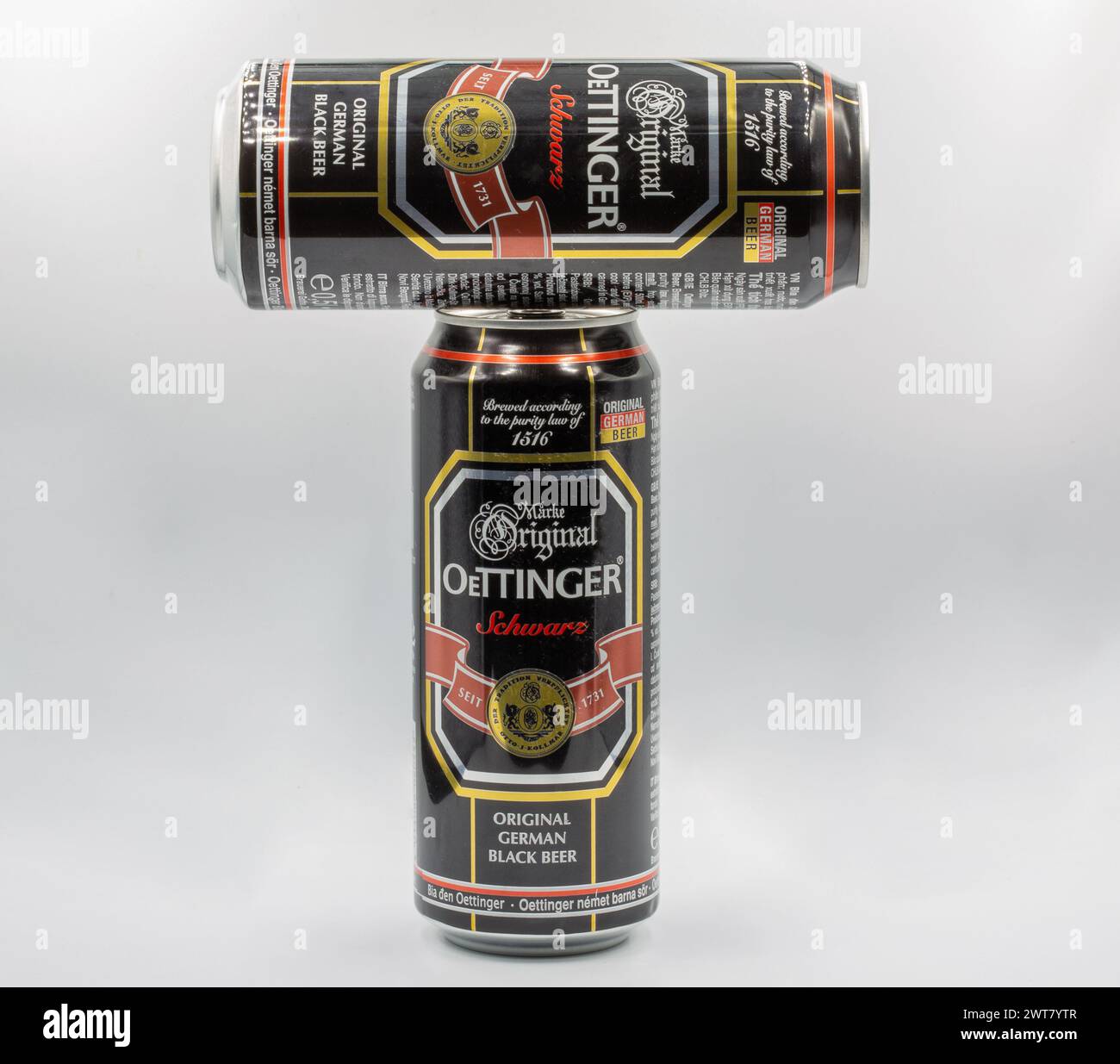 Kyiv, Ukraine - October 08, 2022: Studio shoot of German Oettinger Schwarzbier cans closeup ...