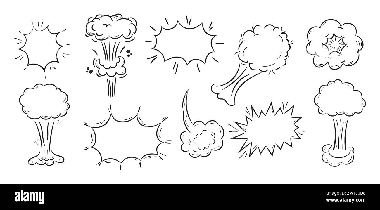 Explosion doodle, bomb element. Comic zap, boom, bam smoke sketch ...