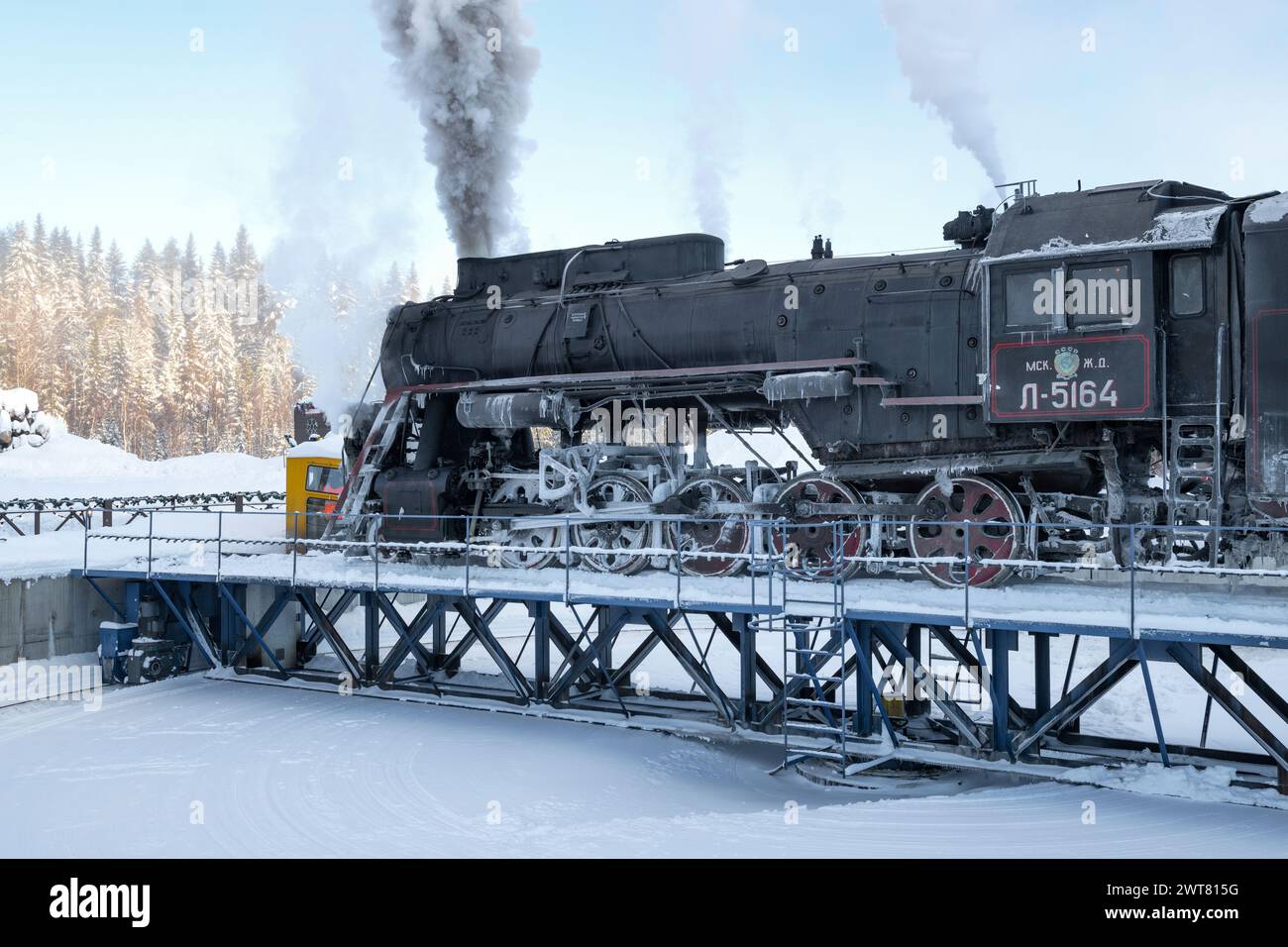RUSKEALA, RUSSIA - JANUARY 20, 2024: Old Soviet steam locomotive L-5164 ...