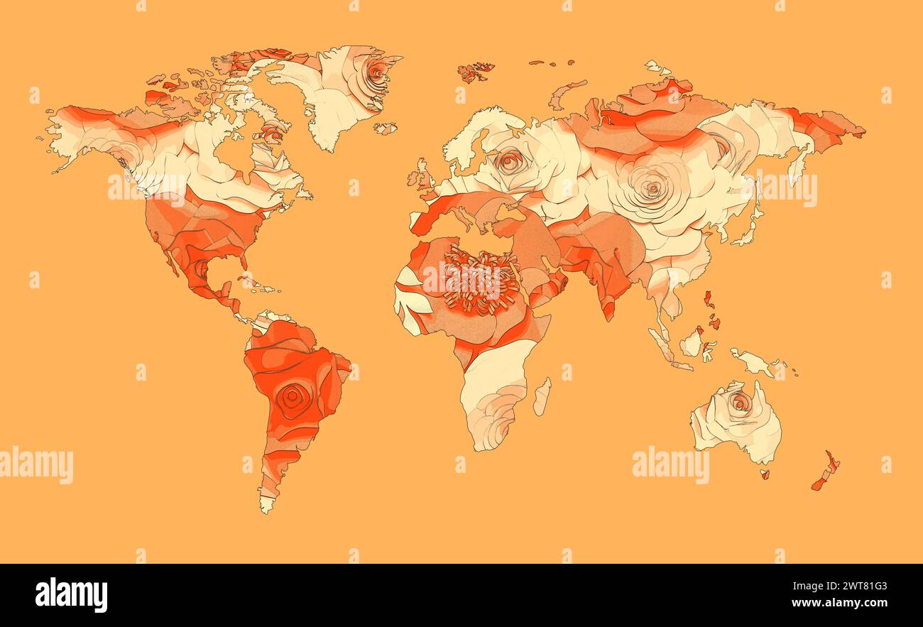 World map made of beautiful flowers on orange background, banner design ...