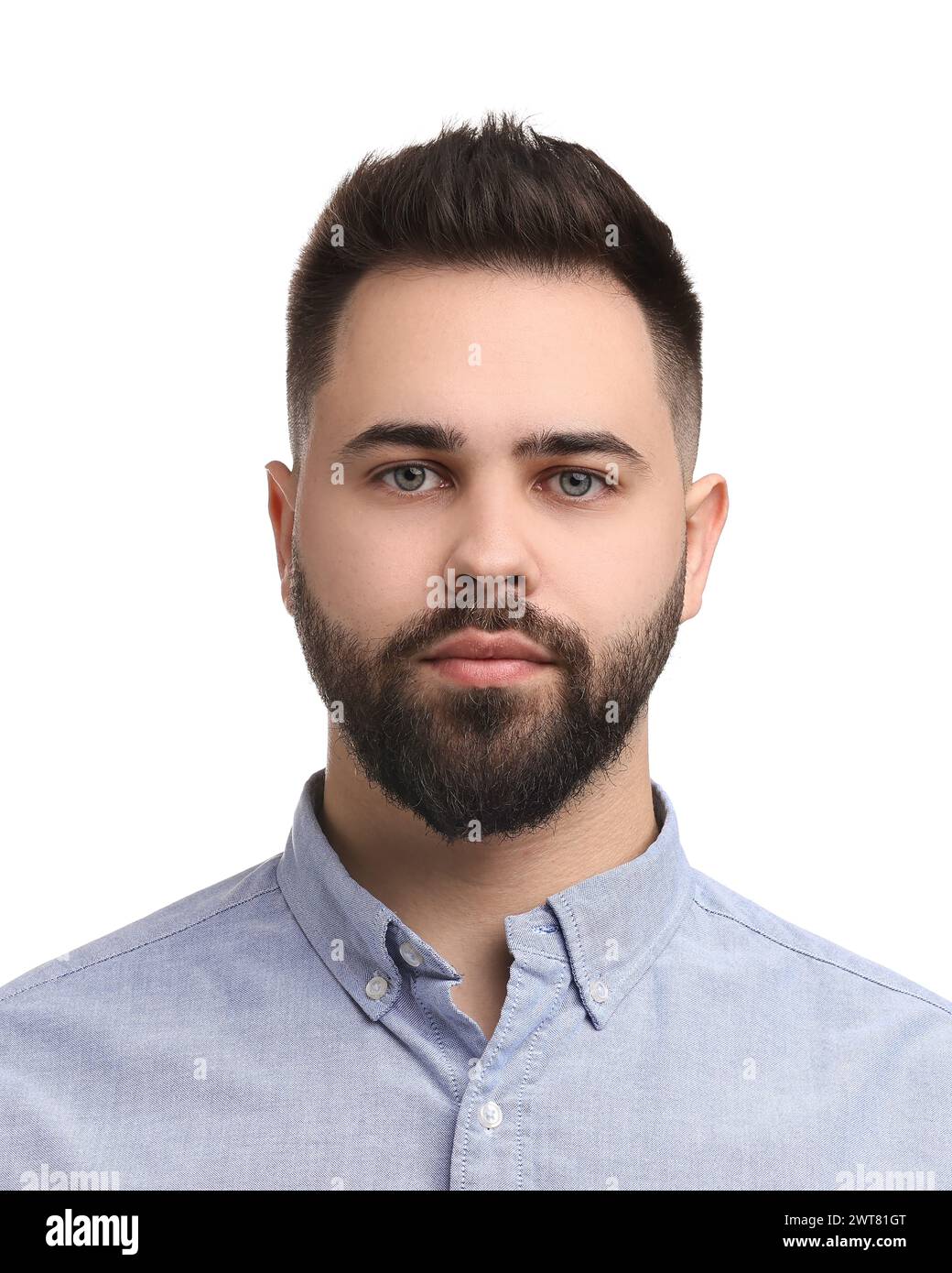 Passport photo. Portrait of young man on white background Stock Photo ...