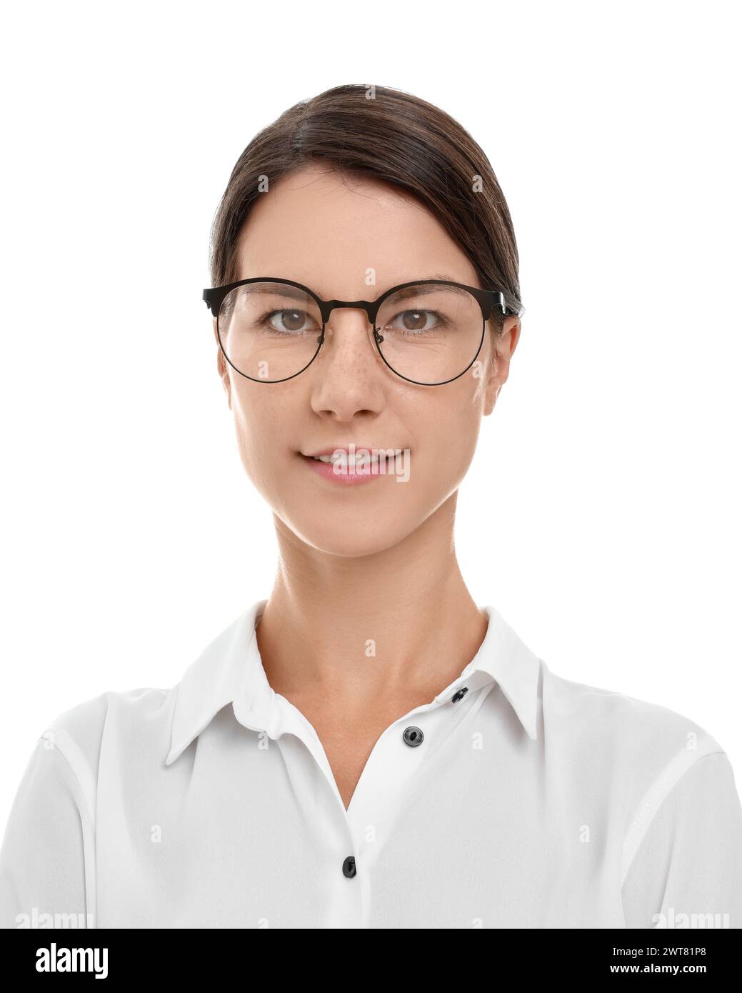 Passport photo. Portrait of woman on white background Stock Photo - Alamy