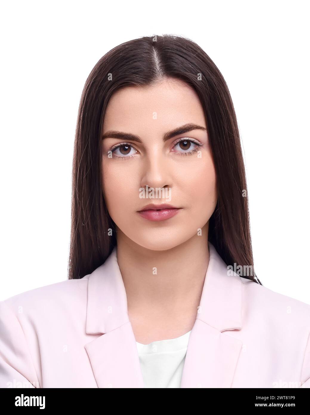 Passport photo. Portrait of woman on white background Stock Photo - Alamy