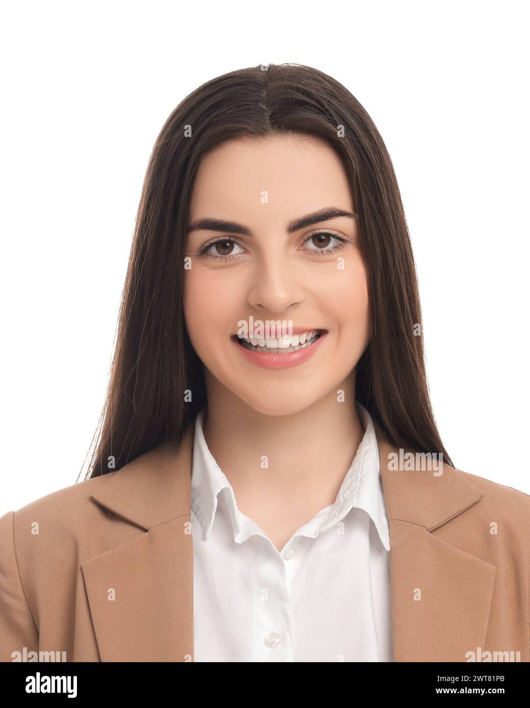 Passport photo. Portrait of woman on white background Stock Photo - Alamy