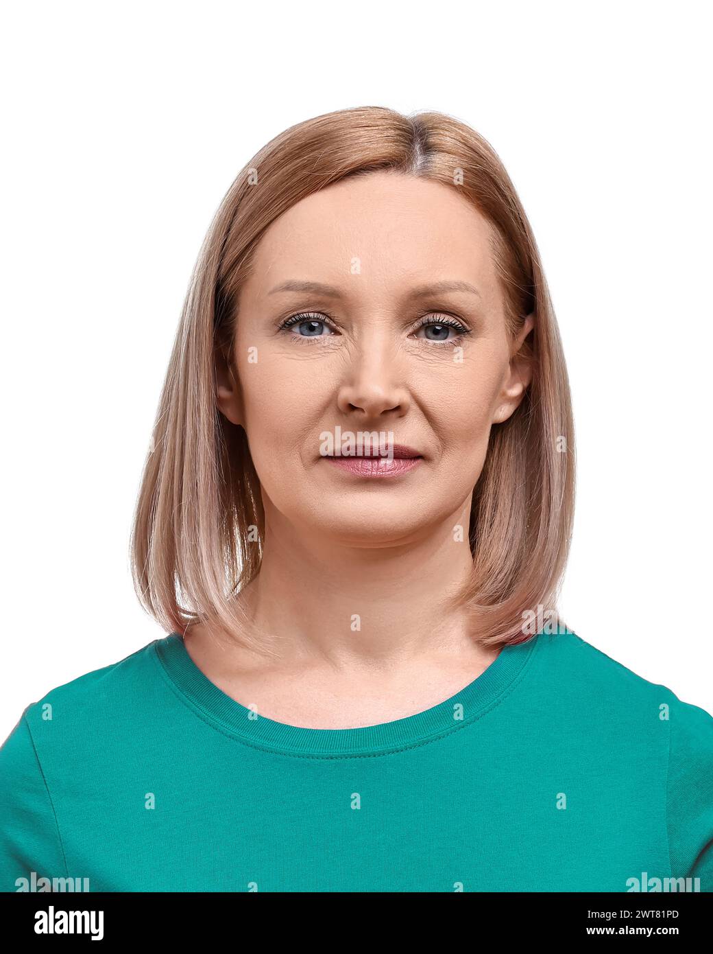 Passport photo. Portrait of mature woman on white background Stock ...