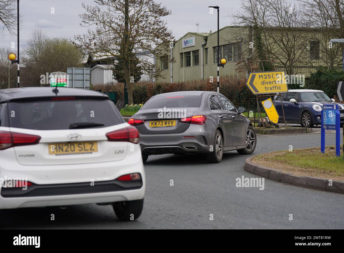 An M25 diversion sign in Byfleet, near to a closed section of the M25 ...
