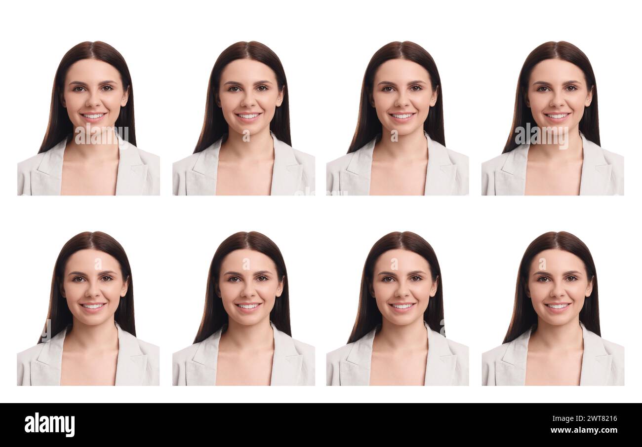 Passport photo, collage. Woman on white background, set of photos Stock ...