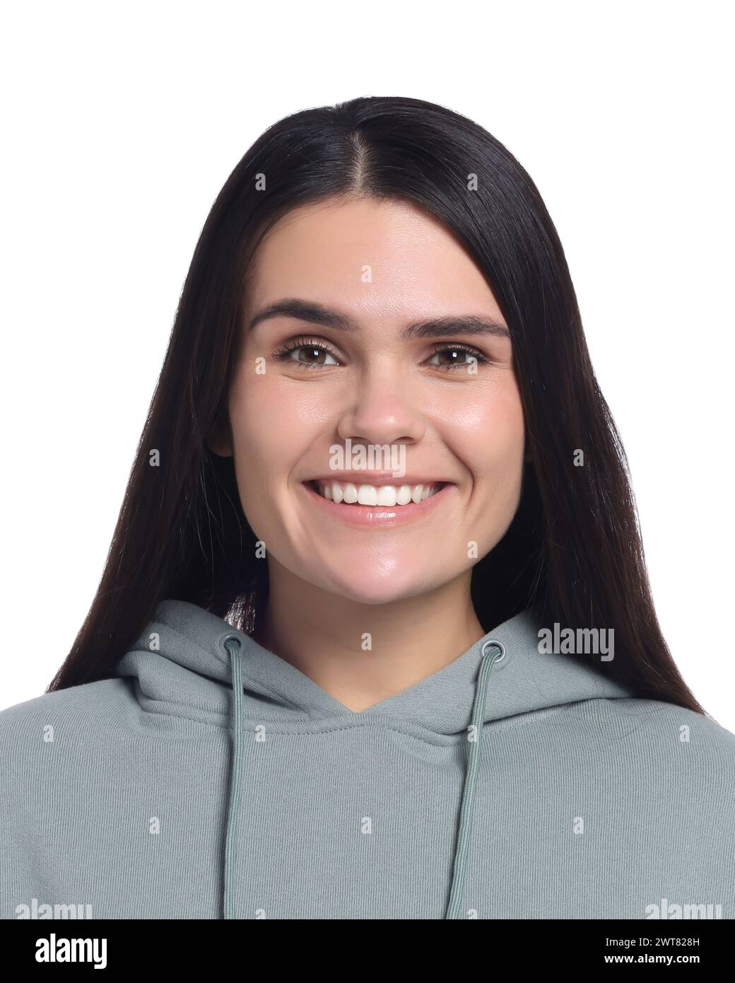 Passport photo. Portrait of young woman on white background Stock Photo ...