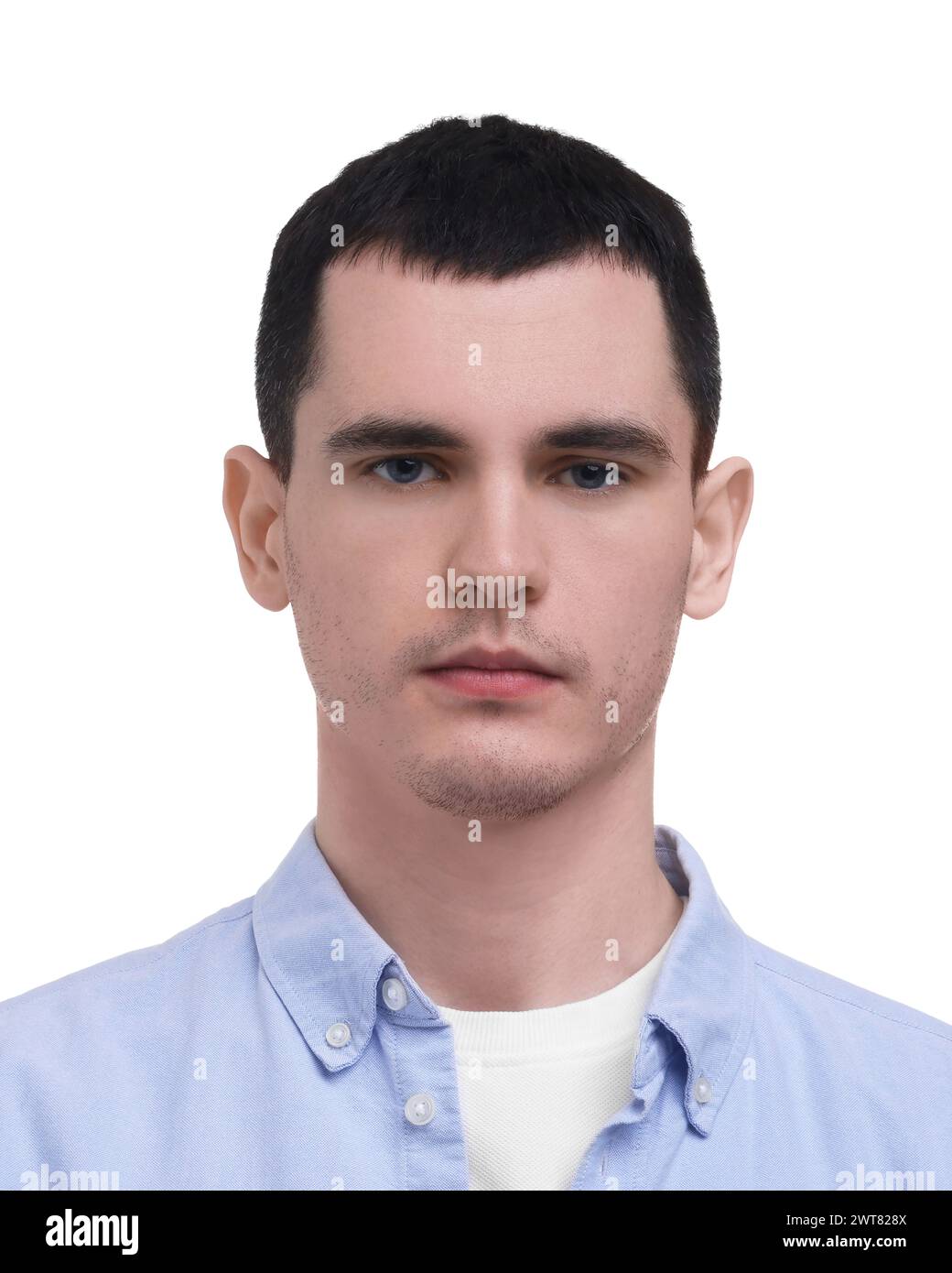Passport photo. Portrait of young man on white background Stock Photo ...