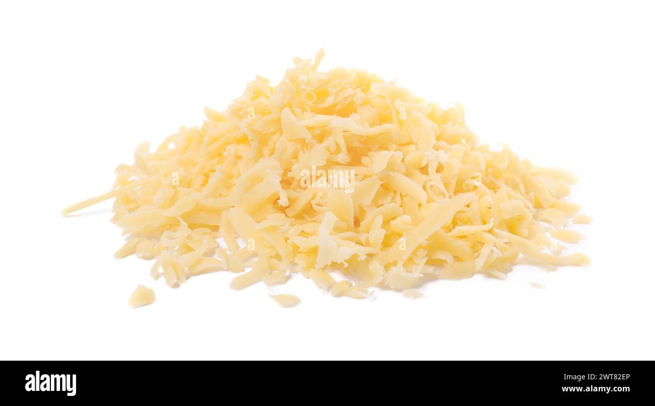 Pile of tasty grated cheese isolated on white Stock Photo - Alamy