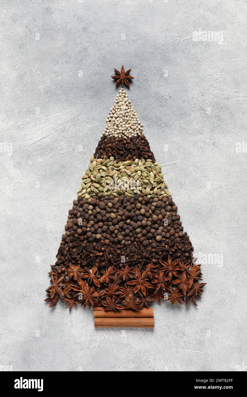 Christmas tree made of different spices on gray textured table, top ...