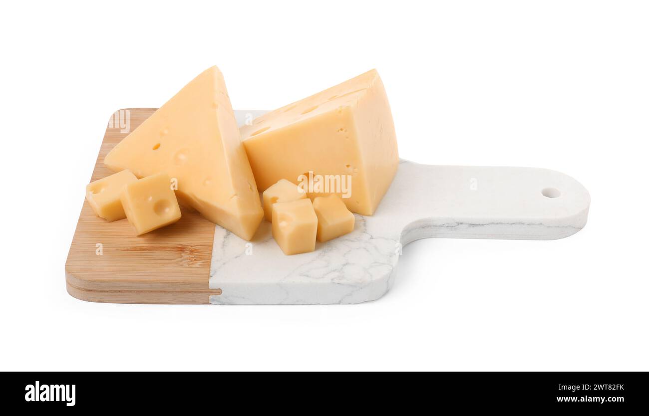 Cut fresh delicious cheese isolated on white Stock Photo - Alamy