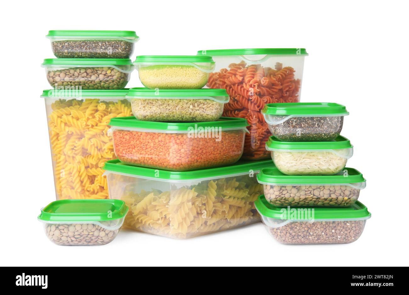 Plastic containers filled with food products isolated on white Stock ...