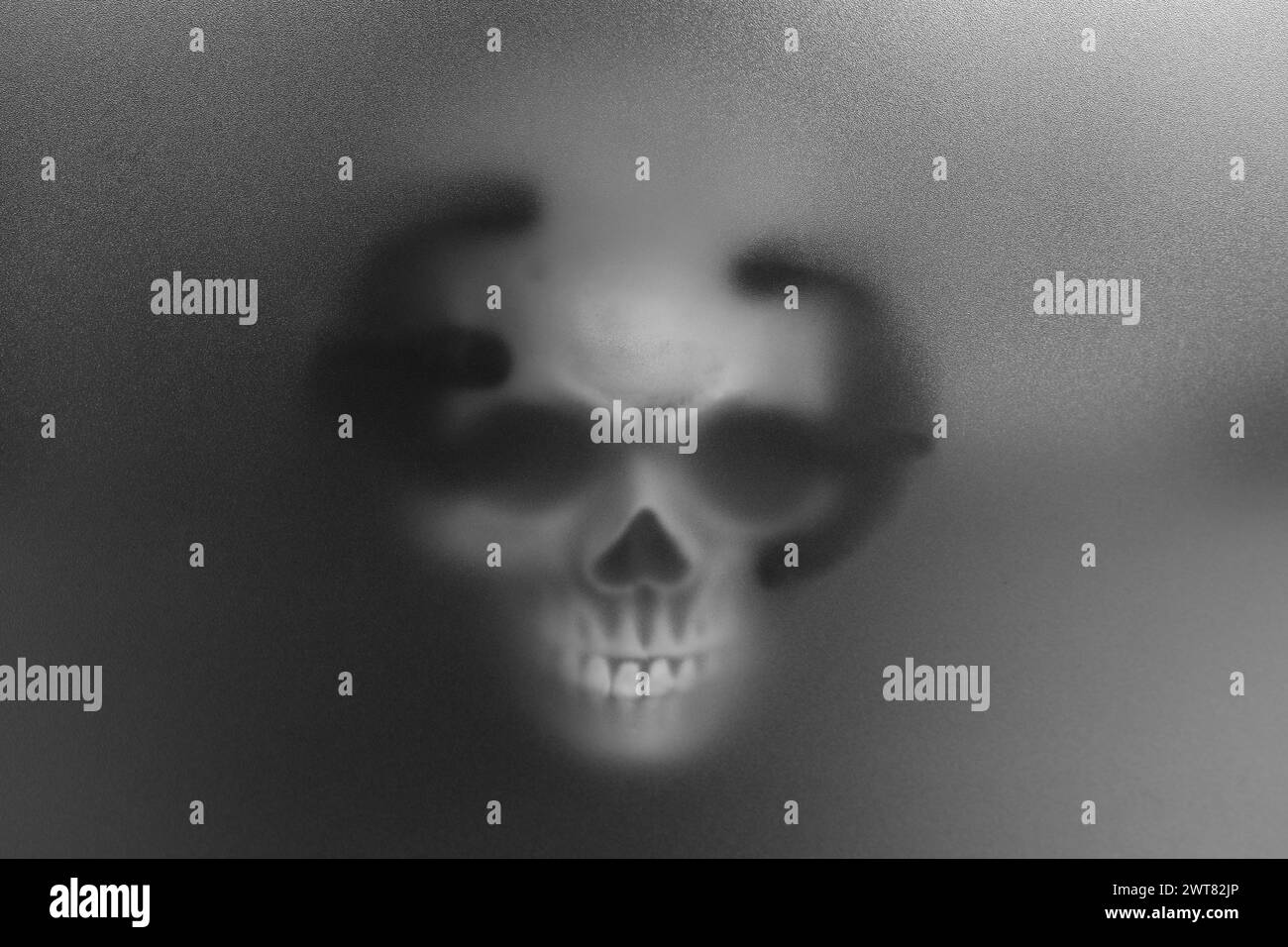 Silhouette of creepy ghost with skull behind cloth. Black and white ...