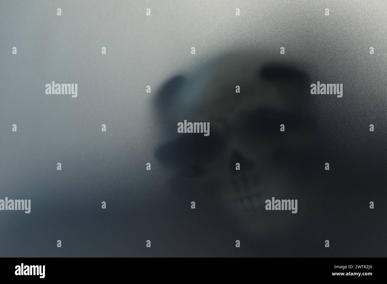 Silhouette of creepy ghost with skull behind cloth, space for text ...