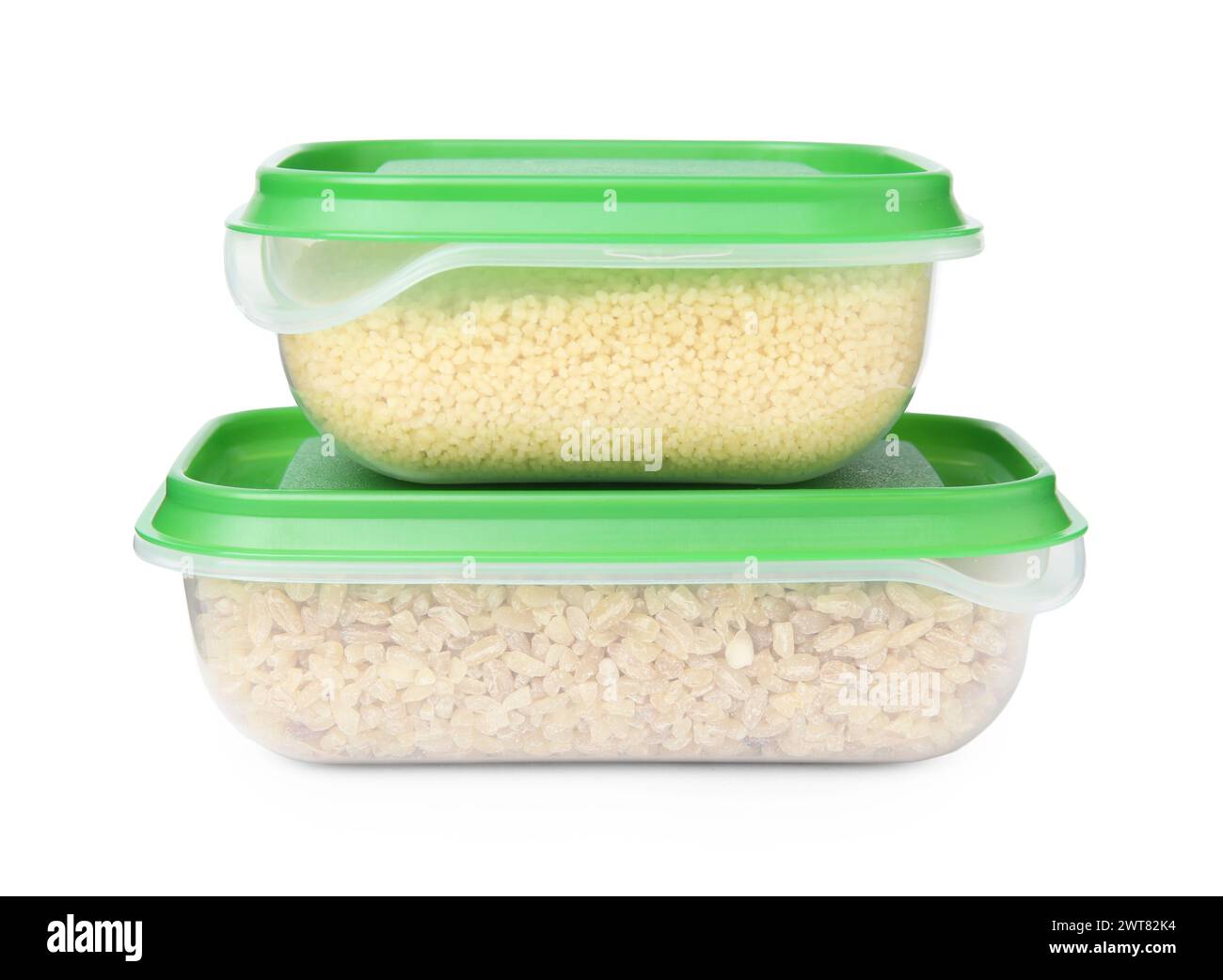 Plastic containers filled with food products isolated on white Stock ...