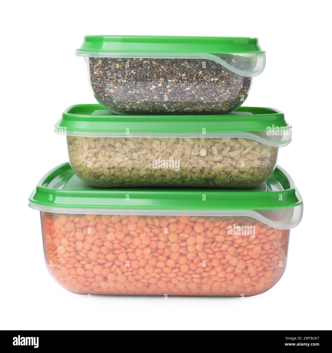 Plastic containers filled with food products isolated on white Stock ...