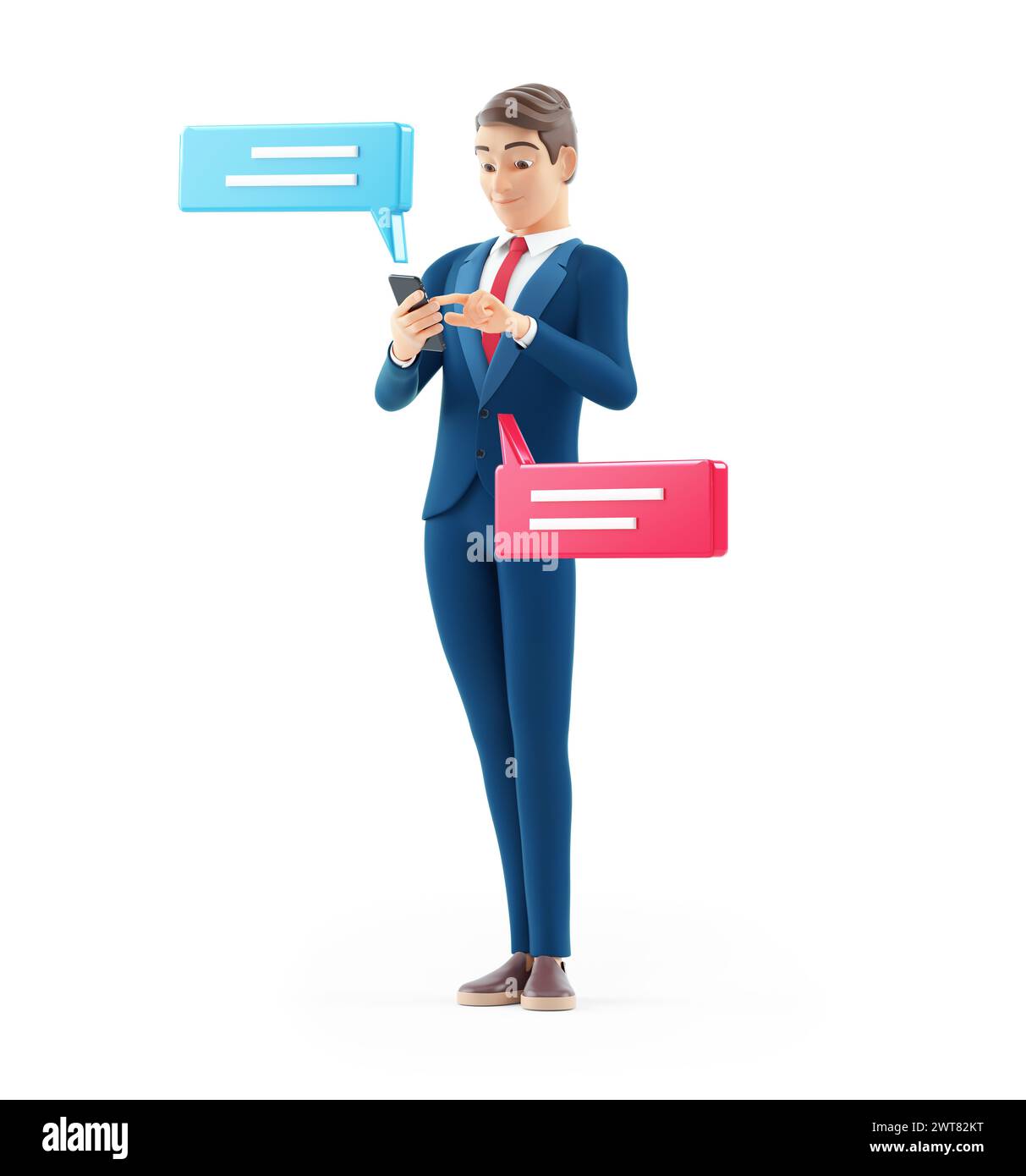 3d cartoon businessman sending text messages with smartphone ...