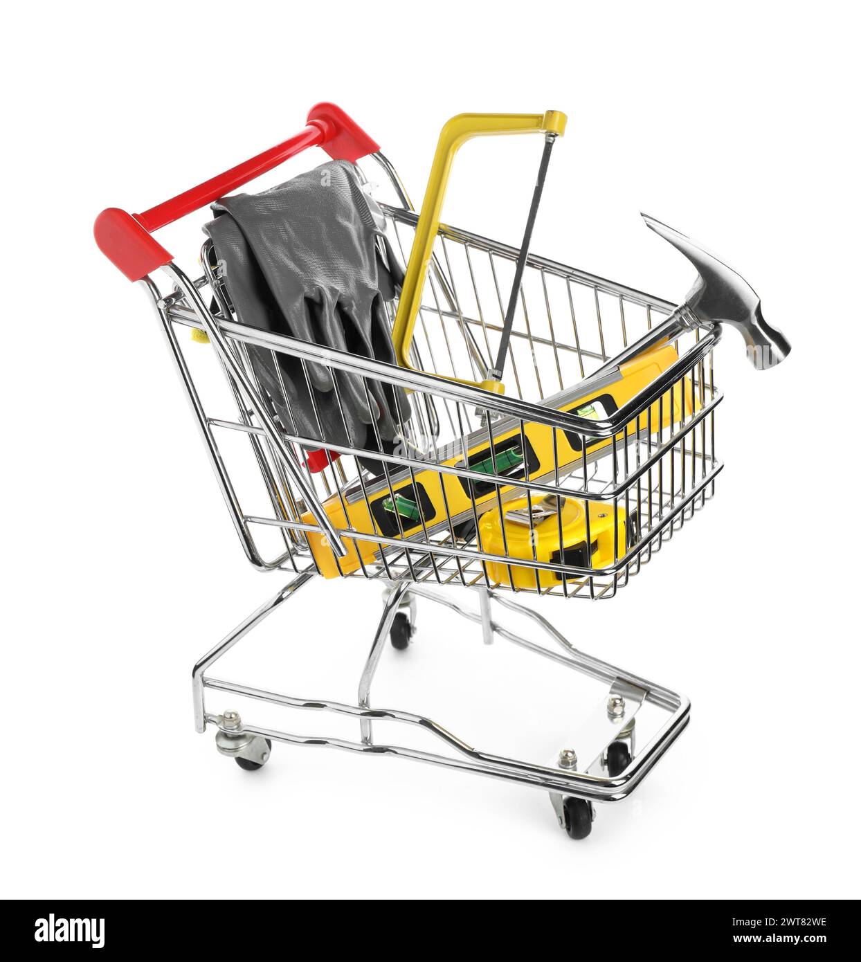 Small shopping cart with set of construction tools and gloves isolated ...
