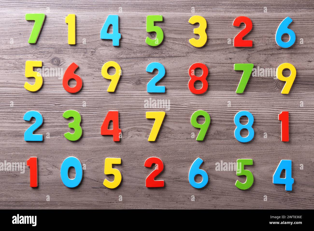 Colorful numbers on wooden school desk, flat lay Stock Photo - Alamy