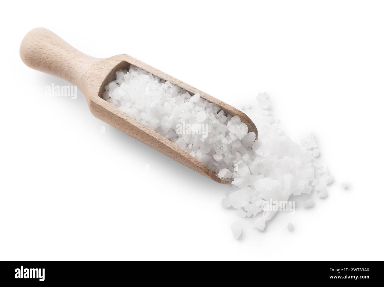 Natural salt in wooden scoop isolated on white, top view Stock Photo ...