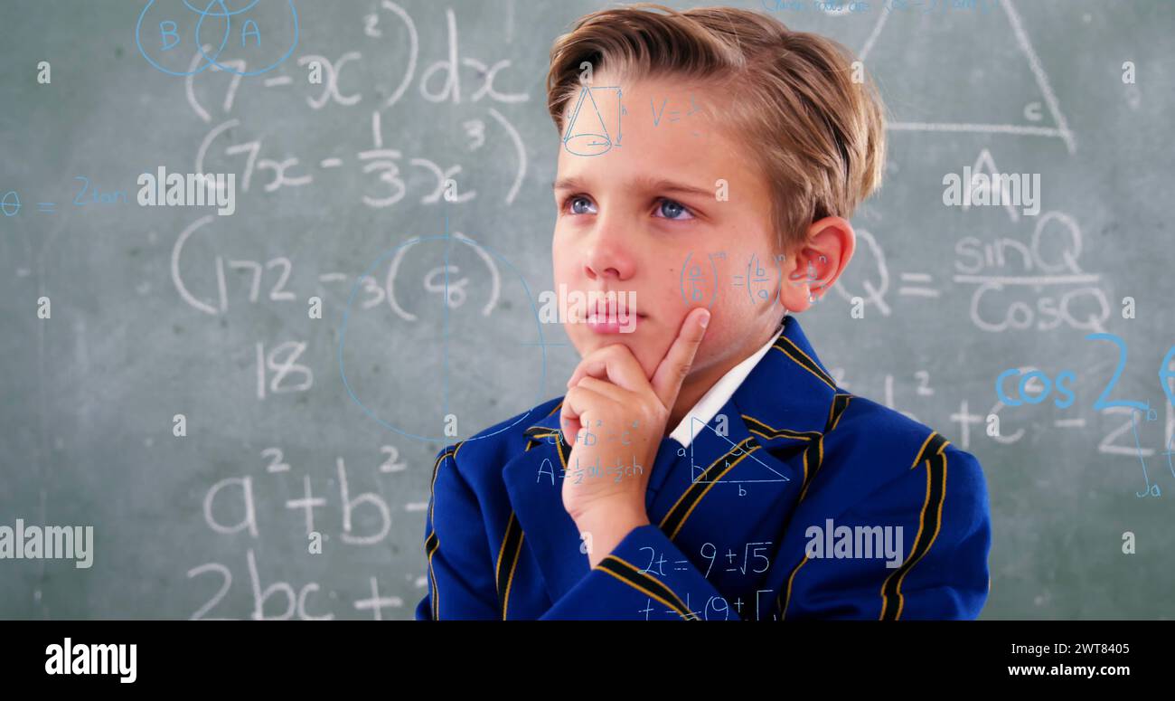 Image of math formulas over thoughtful caucasian boy over blackboard ...