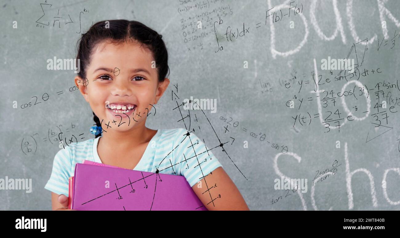 Image of math formulas over happy biracial girl holding books Stock ...