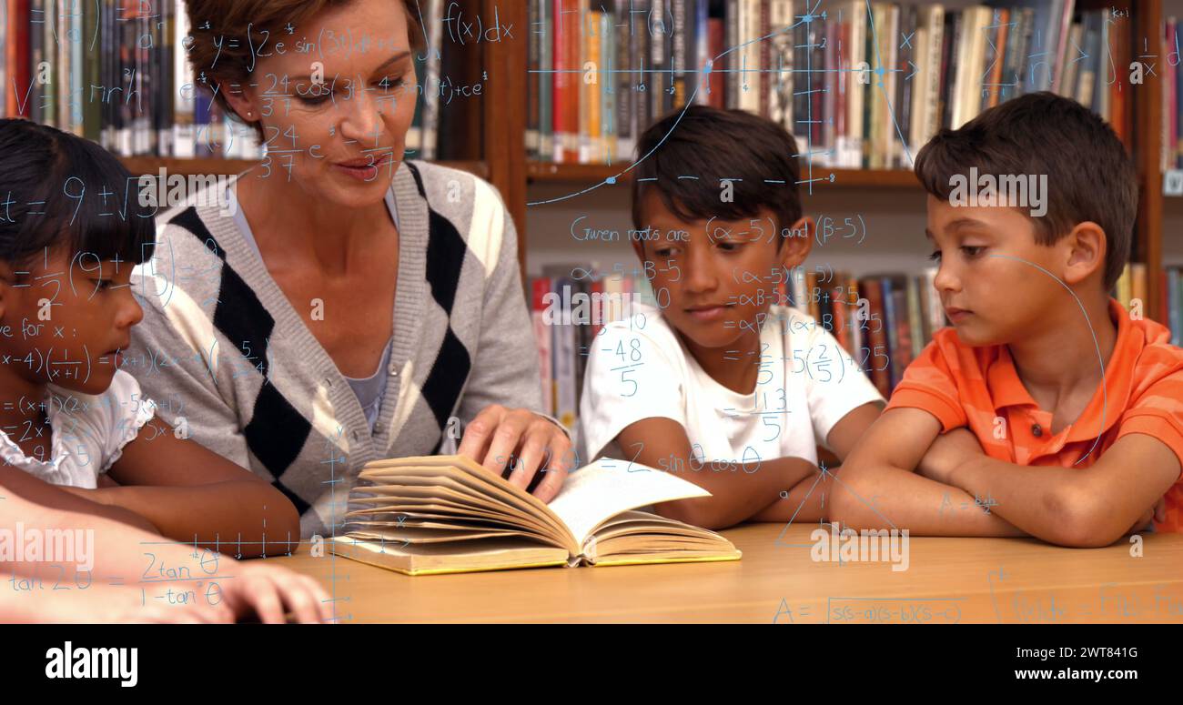 Image of math formulas over happy caucasian female teacher and diverse ...