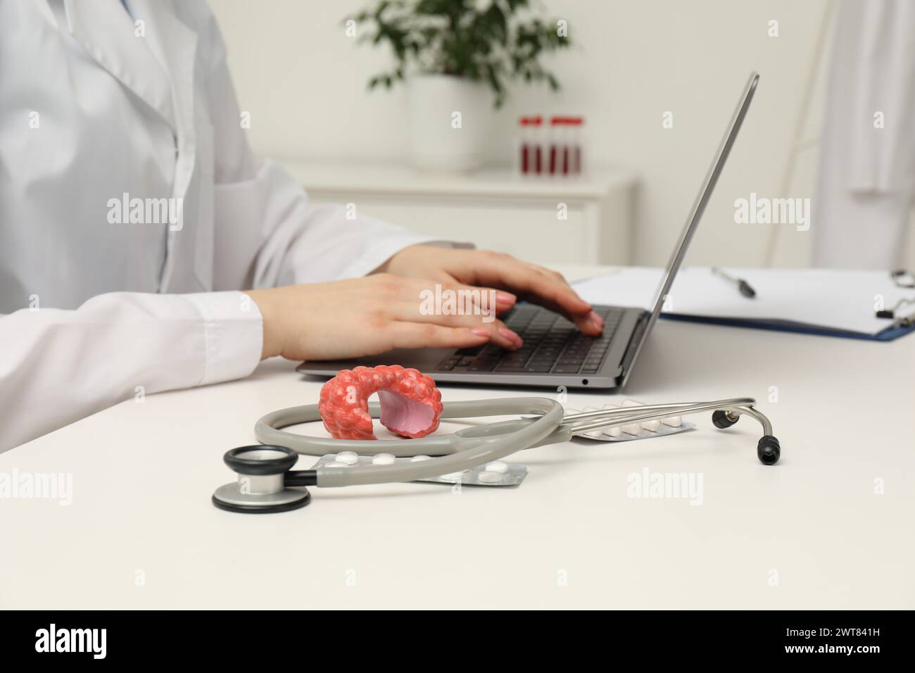 Endocrinologist working at table, focus on stethoscope and model of ...