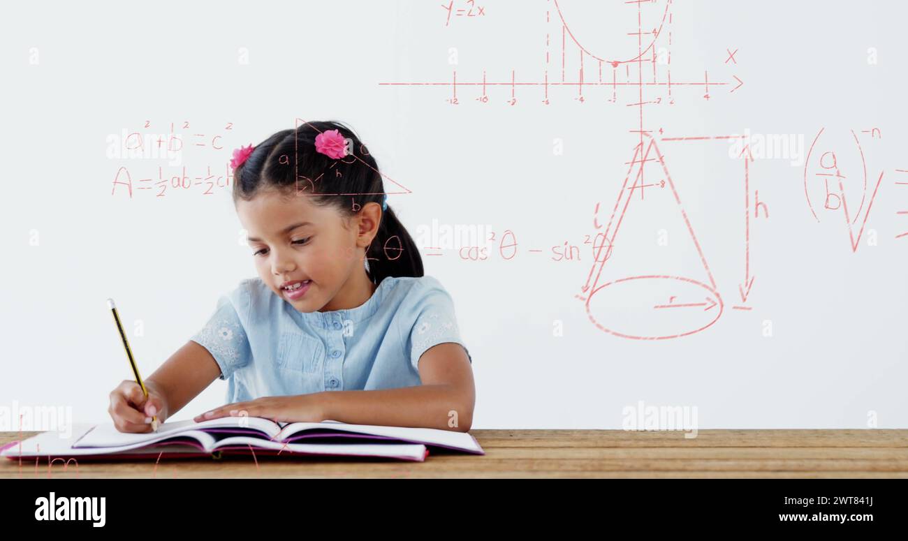 Image of math formulas over happy biracial girl doing homework Stock ...