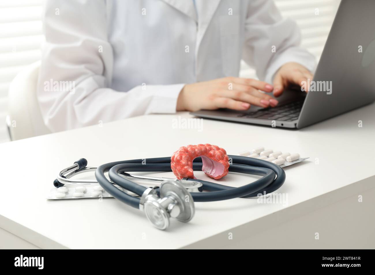 Endocrinologist working at table, focus on stethoscope and model of ...