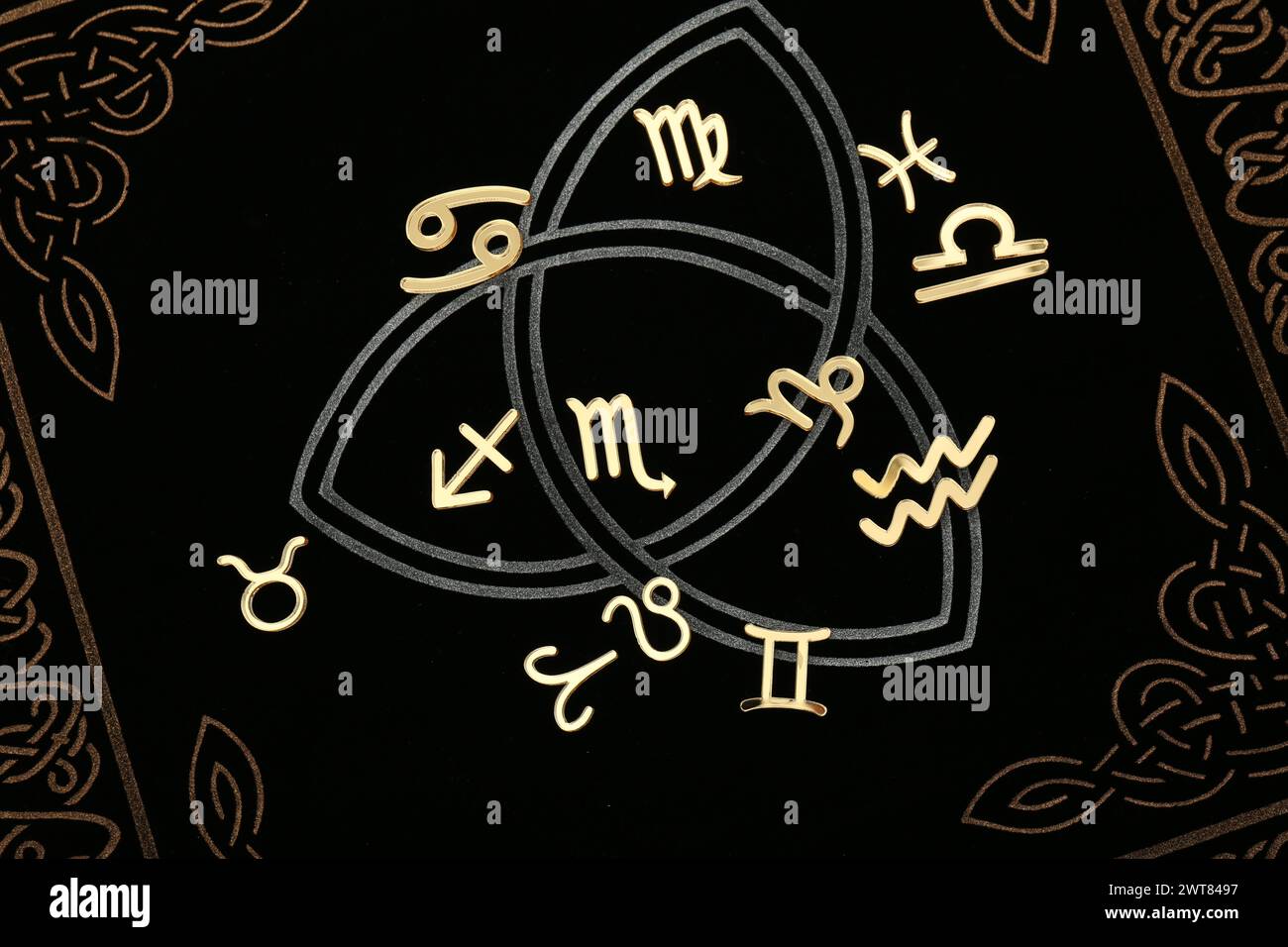 Zodiac signs on dark book, flat lay Stock Photo - Alamy