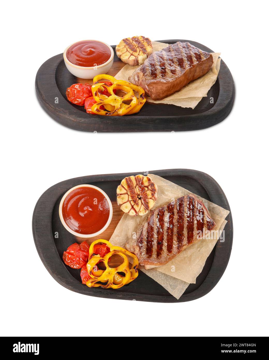 Delicious grilled beef steak with spices and tomato sauce, top and side ...