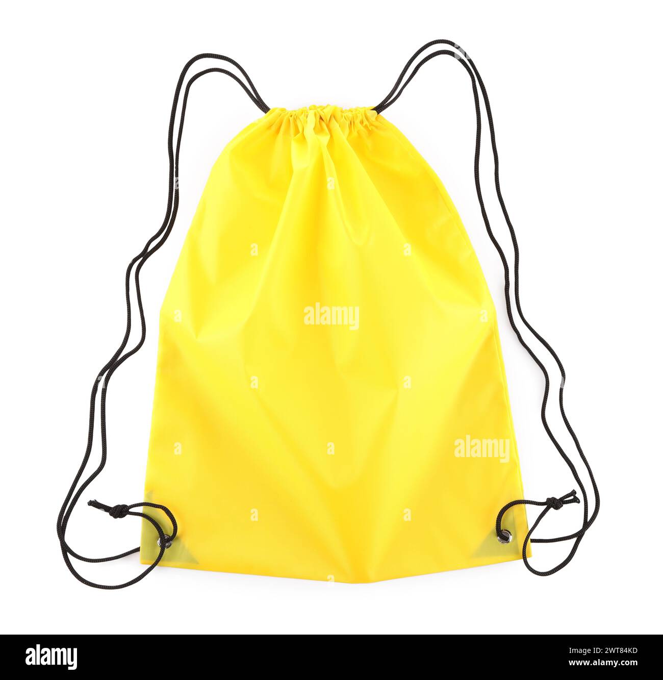 One yellow drawstring bag isolated on white Stock Photo - Alamy