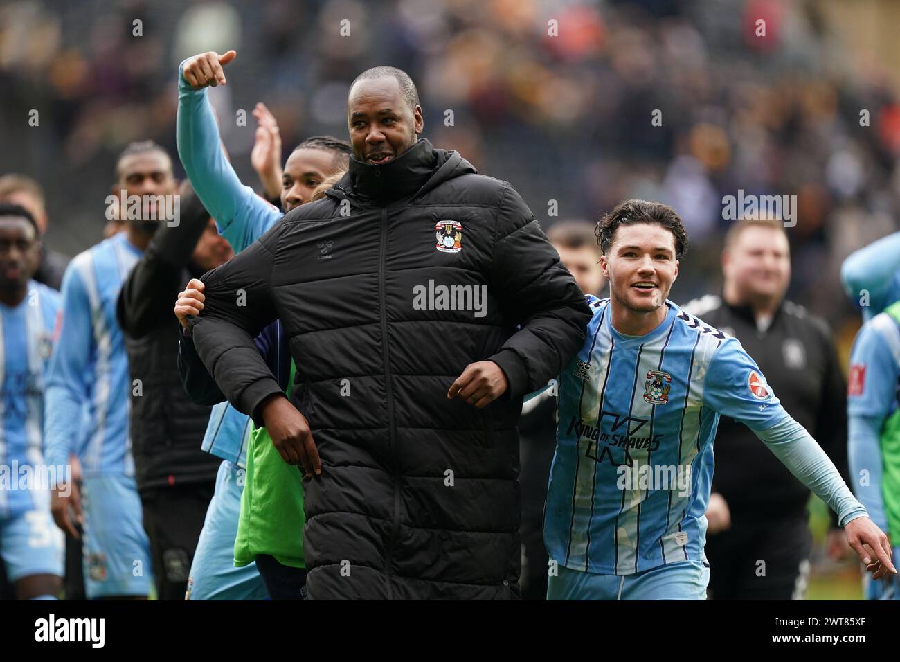 Coventry City first-team coach Dennis Lawrence celebrates victory with ...