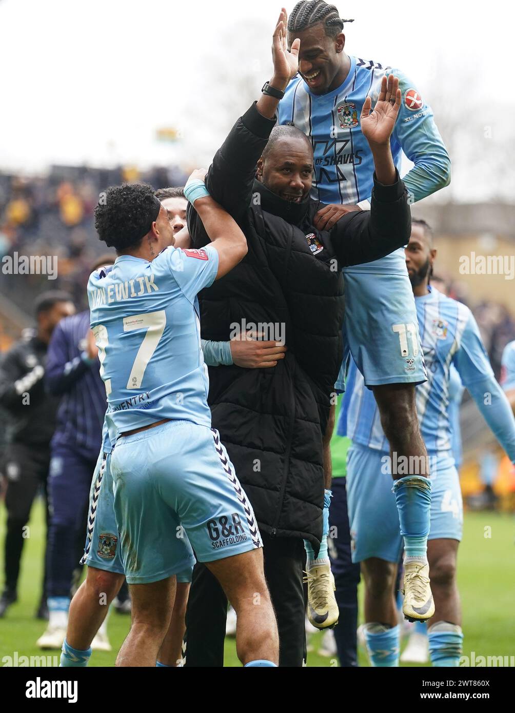 Coventry City first-team coach Dennis Lawrence celebrates victory with ...