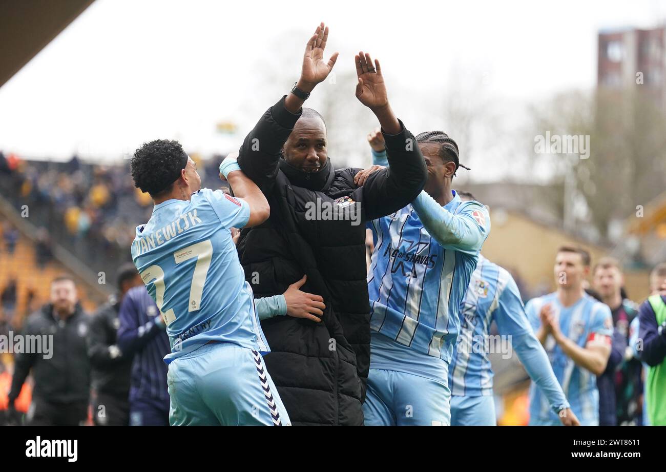 Coventry City first-team coach Dennis Lawrence celebrates victory with ...