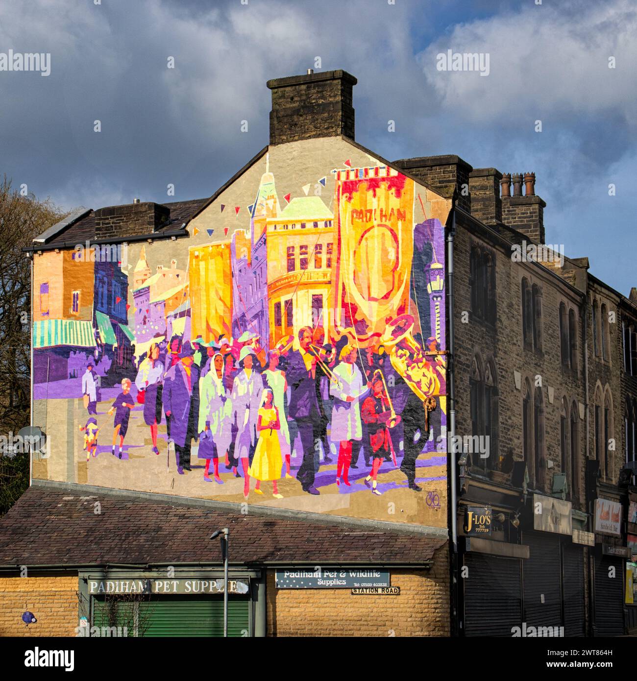 A striking mural depicting the Padiham Parade, on the end wall of a row ...
