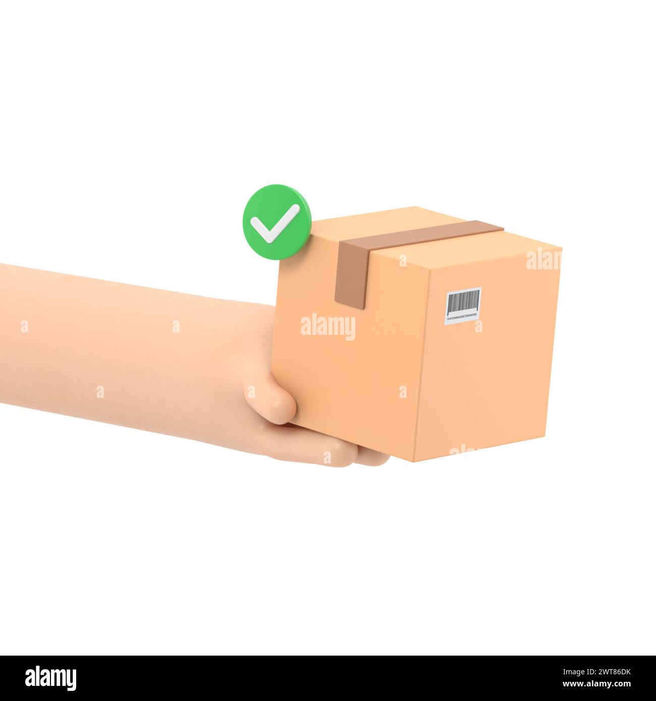3D Hand holding parcel with check mark. Delivery of order in cardboard ...