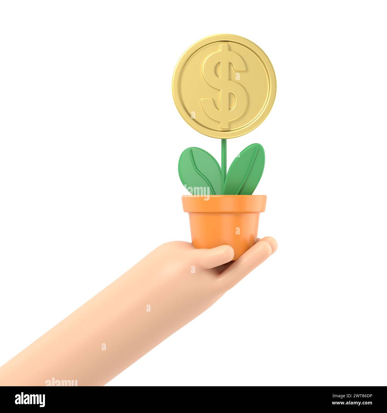 3d pot of plant with gold coin flower in hand on white background ...