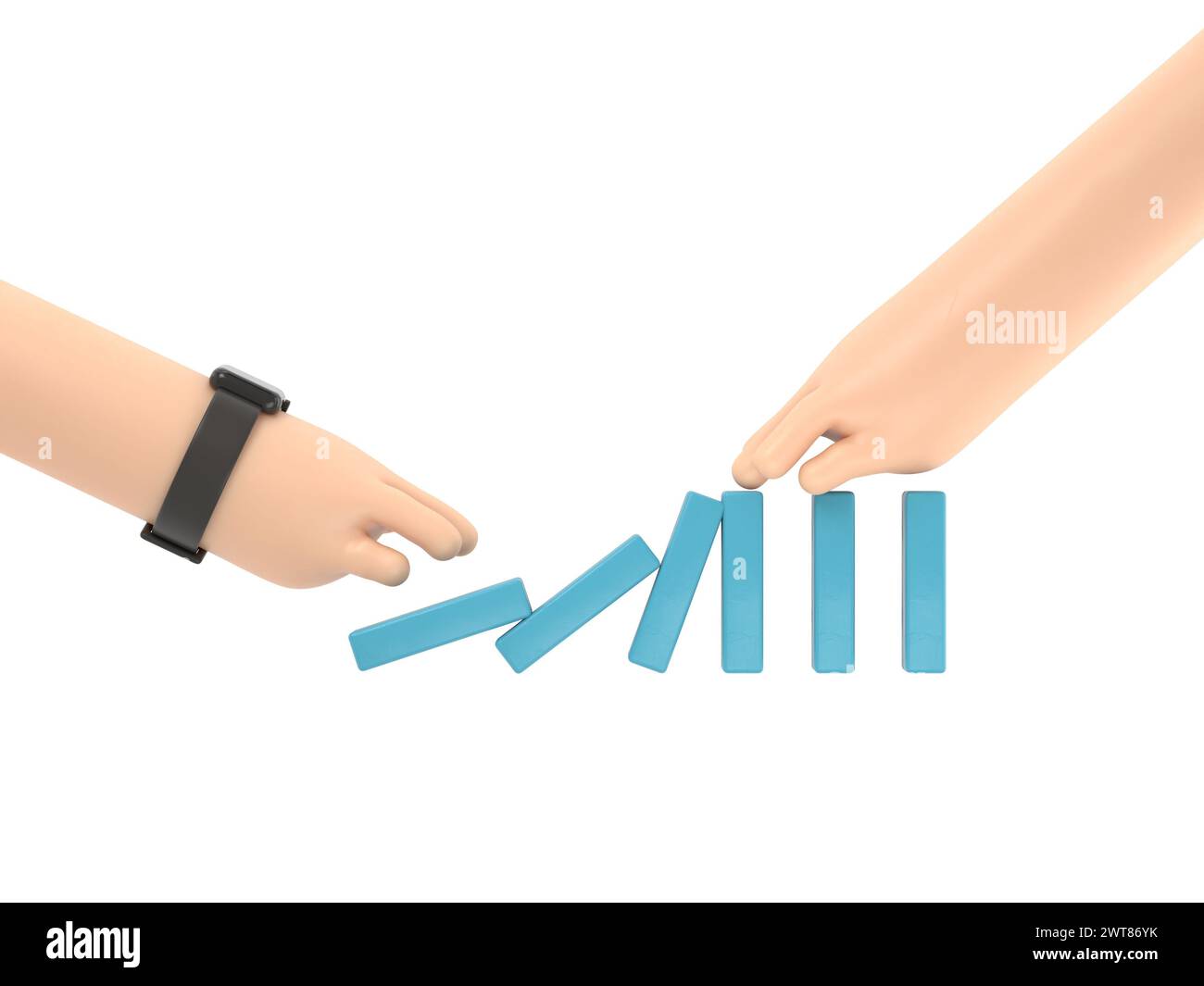 Domino effect concept. One man pushes the dominoes and second stops ...