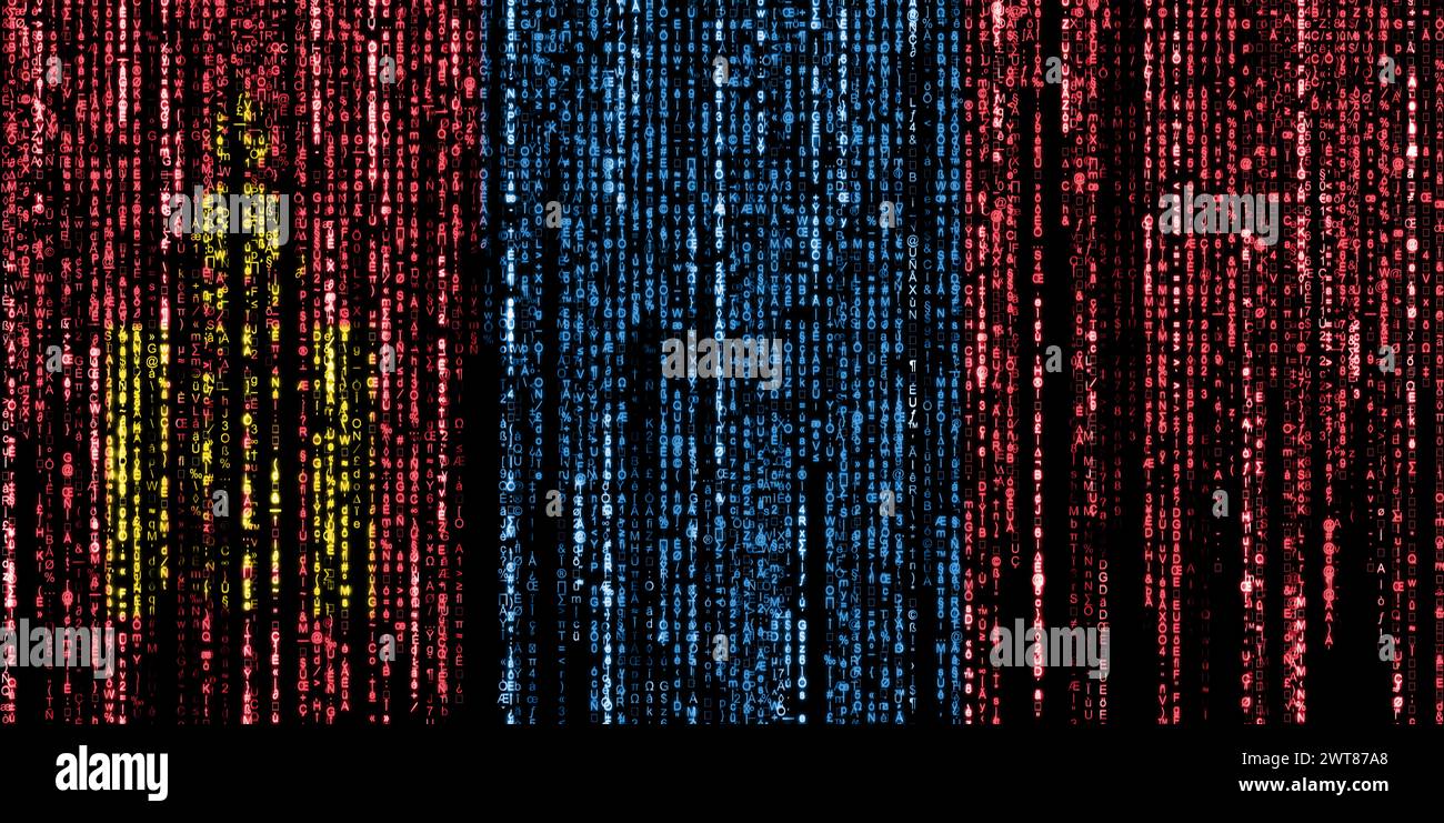 Flag of Mongolia on a computer binary codes falling from the top and ...