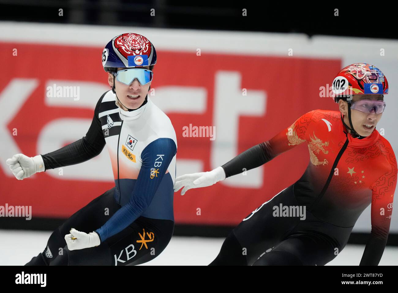 South Korea's Dae Heon Hwang celebrates after crossing the finish line ...