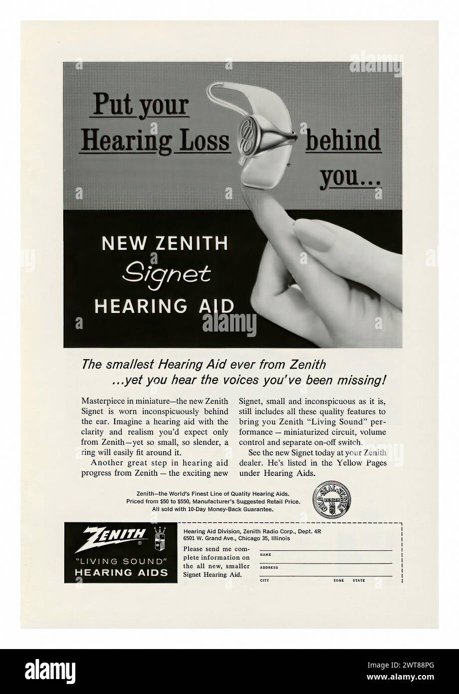 Zenith Hearing Aids - Vintage american magazine press advertising Stock ...