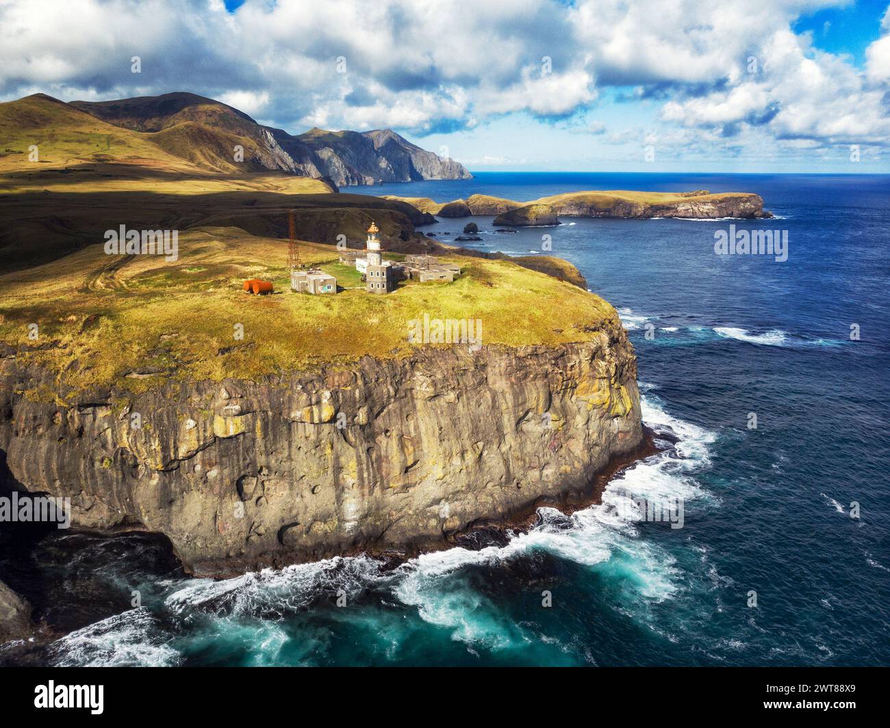 Top view on old Japanese lighthouse on Shikotan Island. Photo from a ...