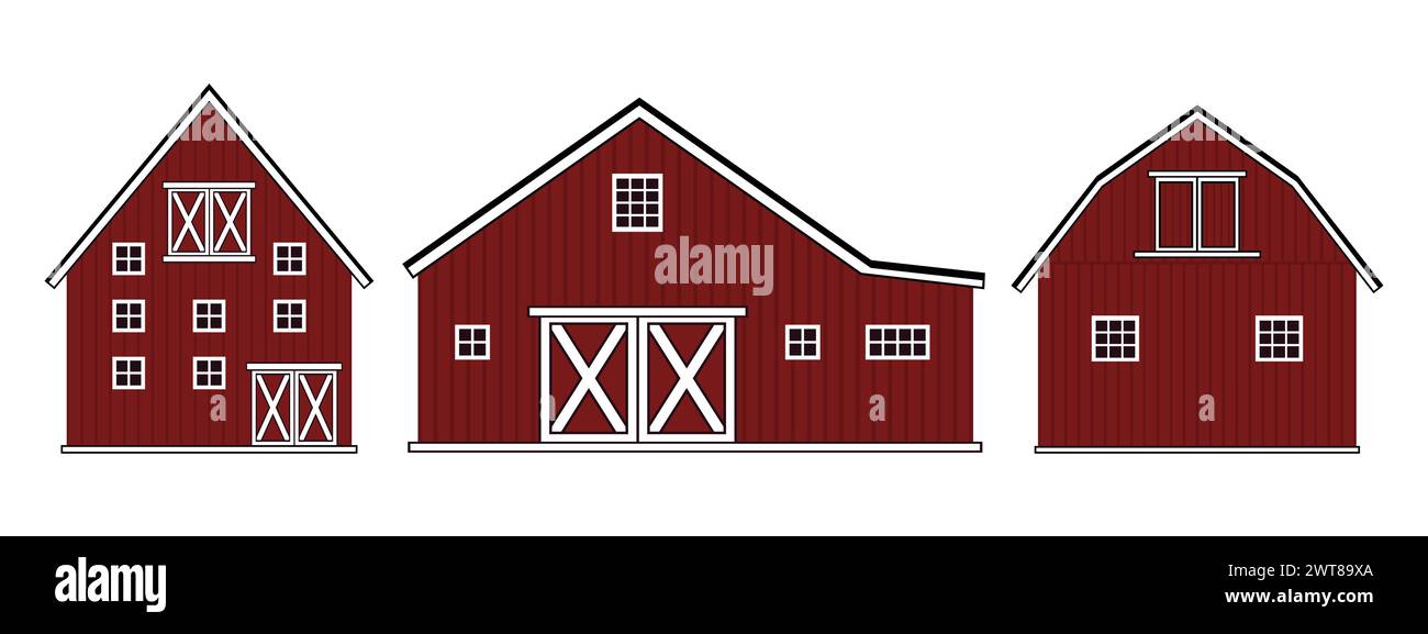 Set of doodle cartoon alone red wooden barn house, roof, windows and ...